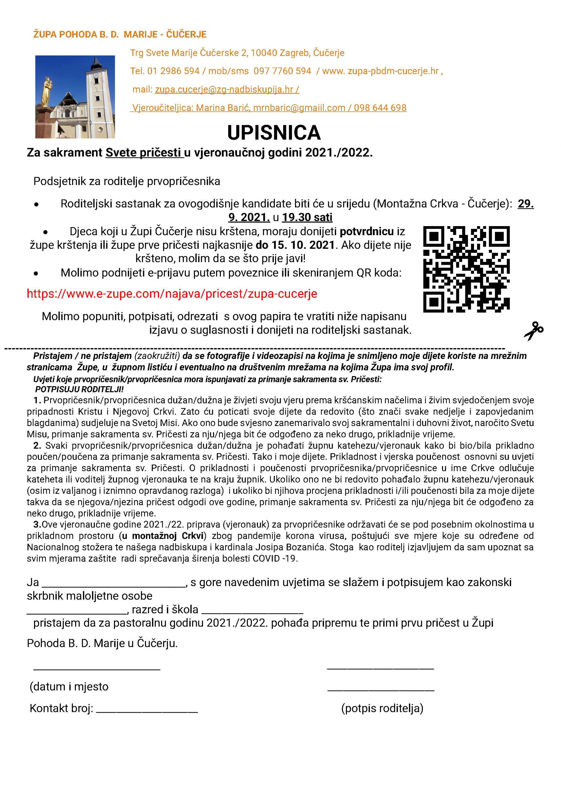 Upisnica PRVA PRIČEST Čučerje – podsjetnik i privola 2021-22 – Župa ...